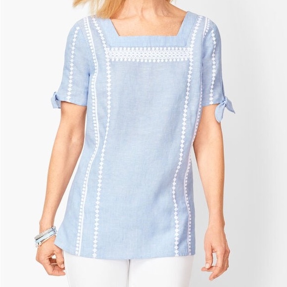 Talbots | Tops | Talbots Squareneck Embroidered Linen Top Cross Dyed Xl | Poshmark